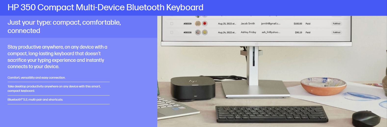 HP 350 Wireless Keyboard Compact Multi-Device Bluetoothh 5.2 2 years of ...